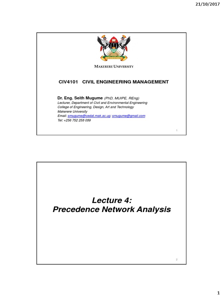 Precedence Network Analysis: Civ4101 Civil Engineering Management | PDF | Computing | Applied ...
