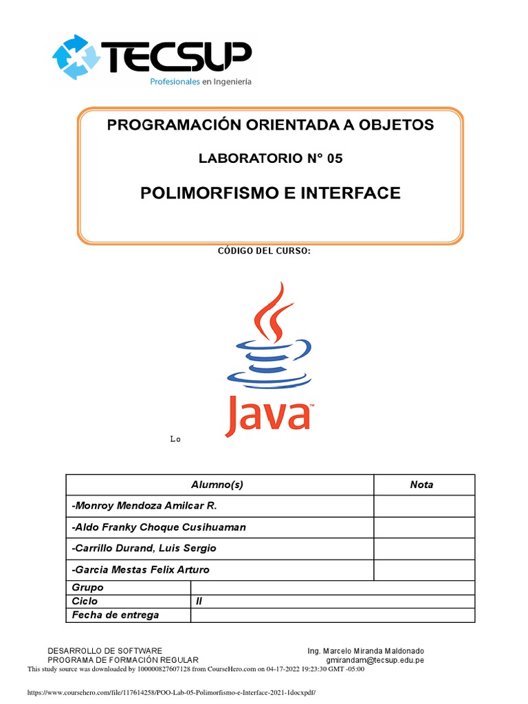 POO Lab 05 Polimorfismo e Interface 2021 1 PDF | PDF | Java (lenguaje de programación) | Equipo ...