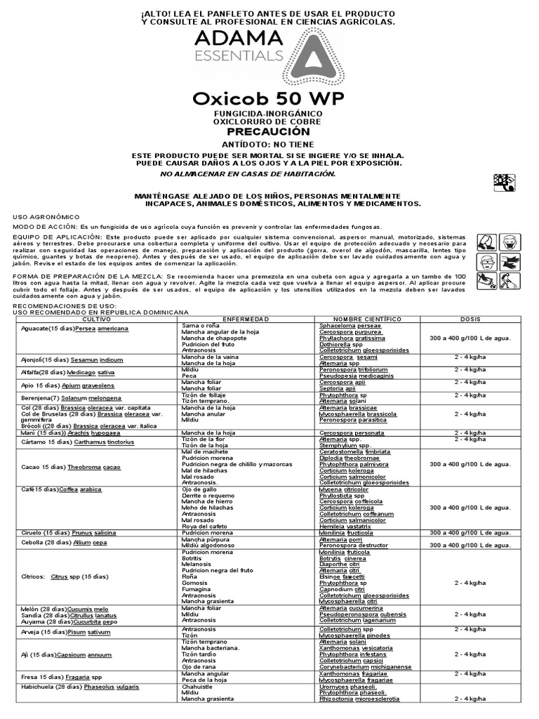 Oxicob 50 WP Panfleto Rep. Dominicana | PDF | Agua | Plantas comestibles