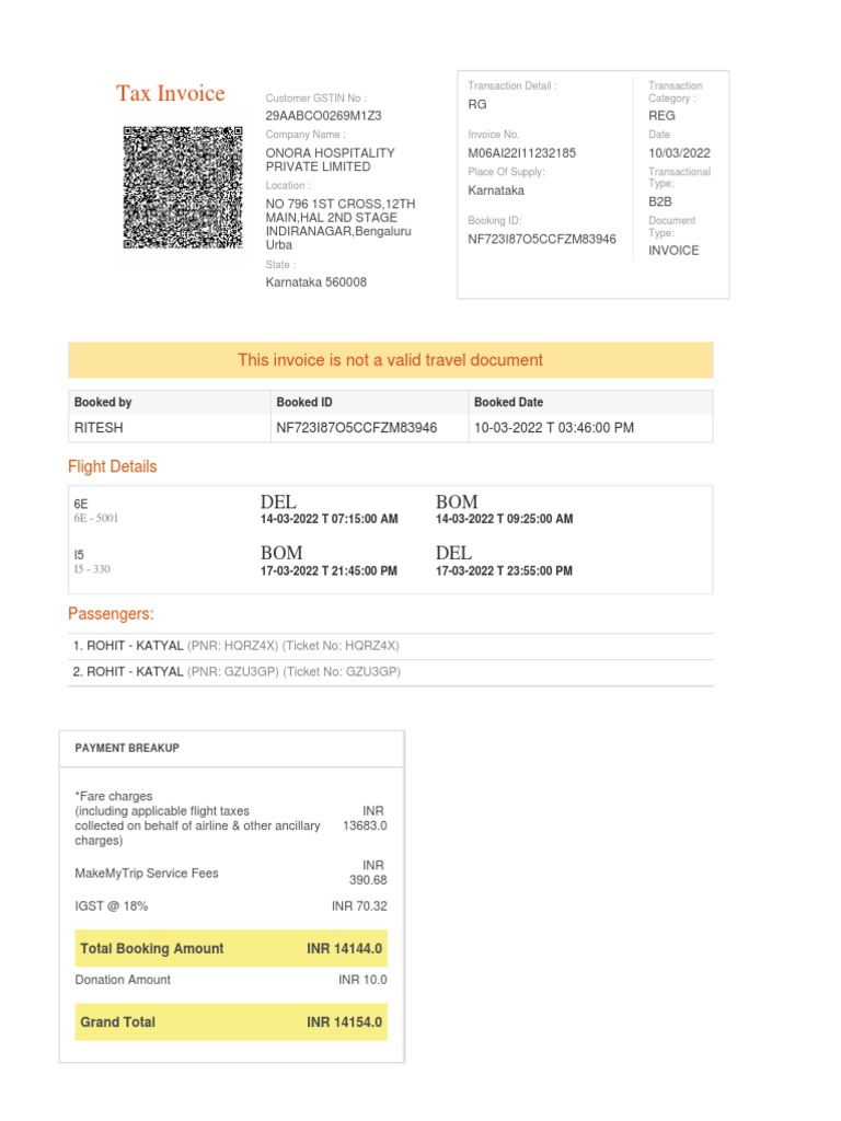 Tax Invoice: This Invoice Is Not A Valid Travel Document | PDF ...