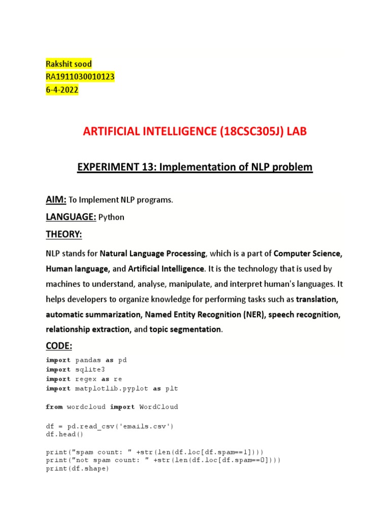 Artificial Intelligence (18Csc305J) Lab: EXPERIMENT 13: Implementation ...
