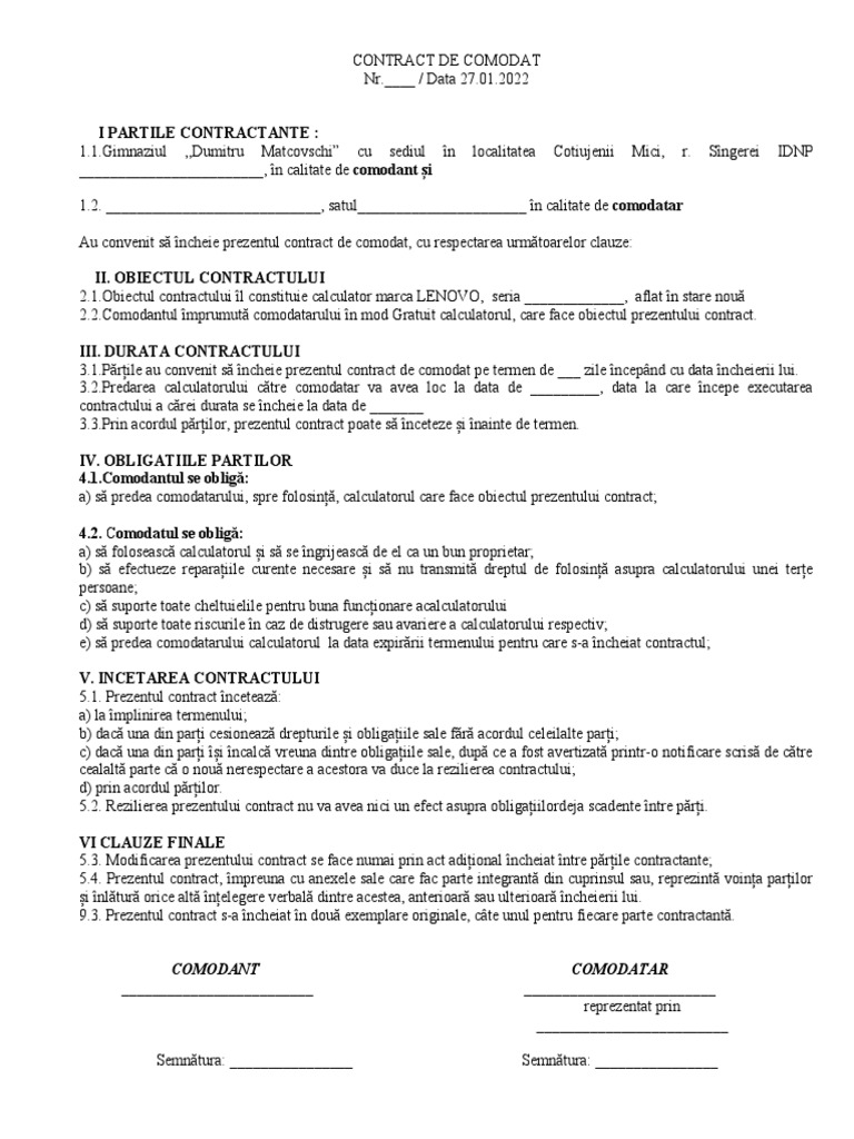 Contract de Comodat | PDF