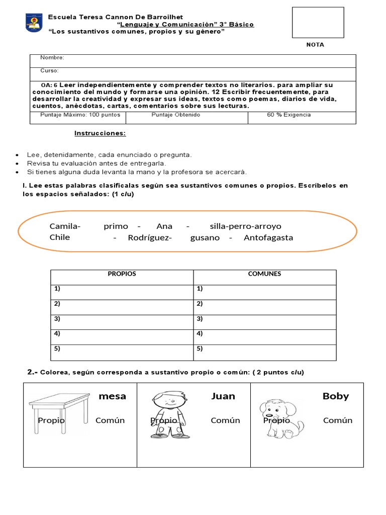 Prueba Sustantivos Comunes y Propios. | PDF | Artes del Lenguaje y ...