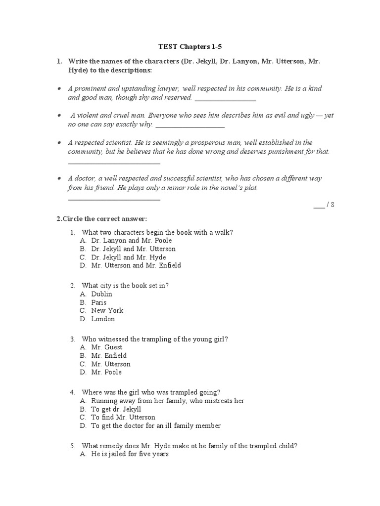 Jekyll and Hyde Test: Chapters 1-5 | PDF | Strange Case Of Dr Jekyll ...