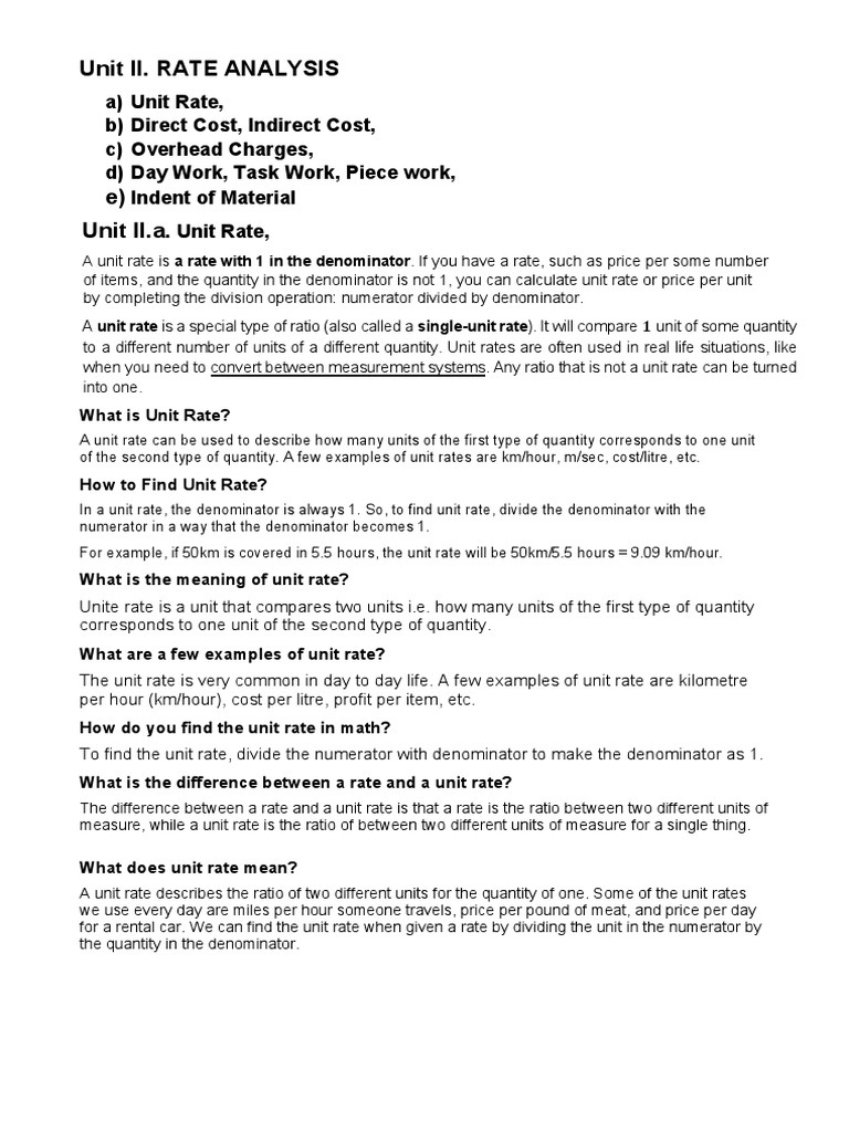 Unit II - Unit Rate | PDF | Employment | Cost