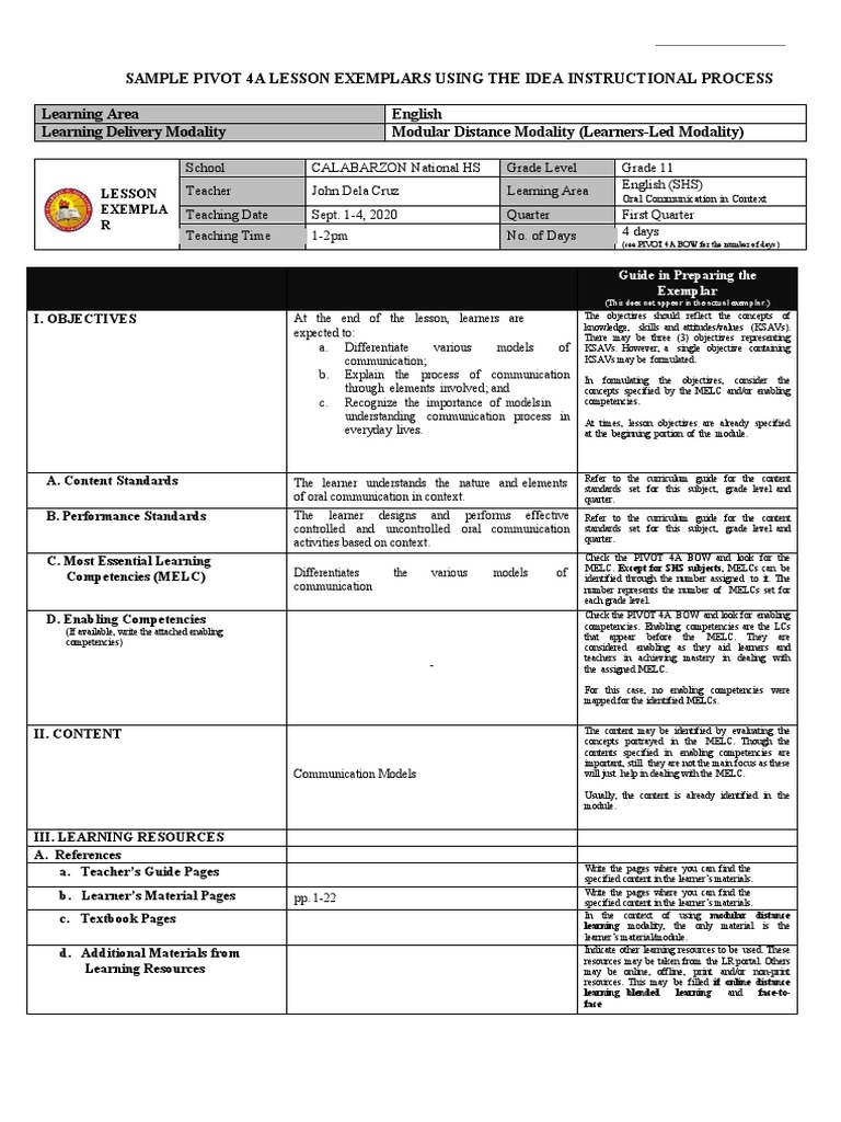 Lesson Exemplar English Grade 11 | PDF | Learning | Communication