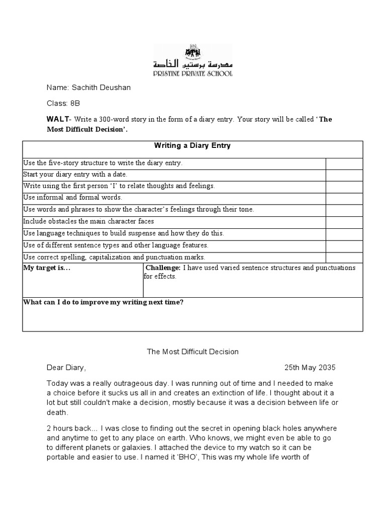 WALT-Write A 300-Word Story in The Form of A Diary Entry. Your Story ...