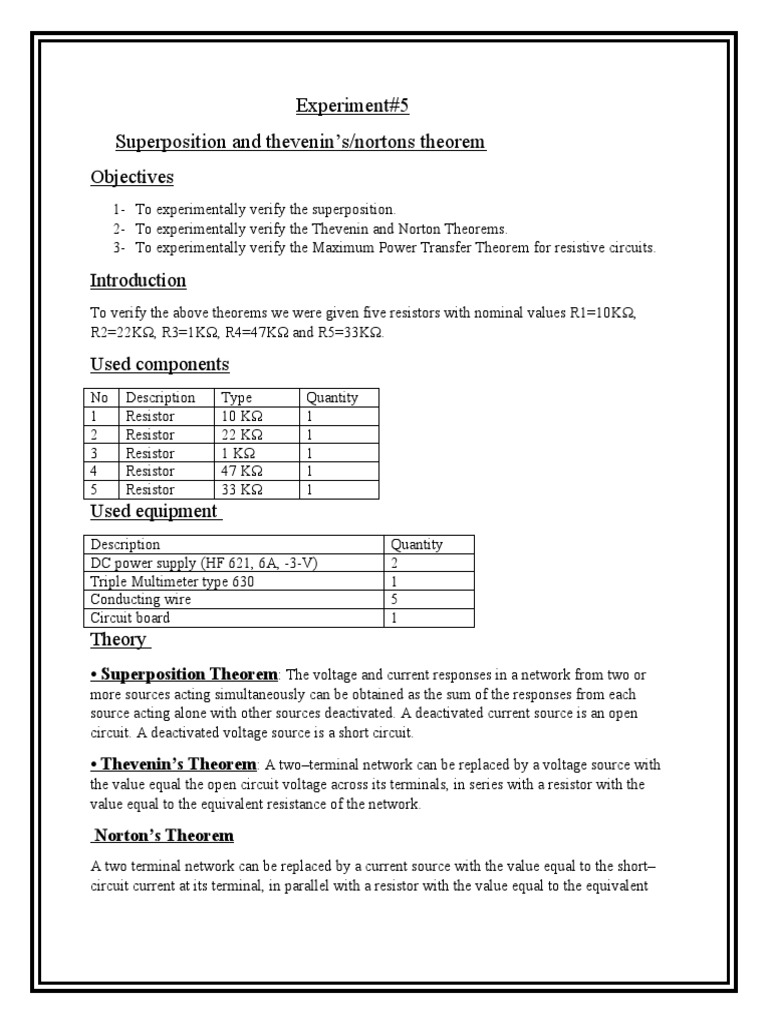 Experiment#5 Superposition and Thevenin's/nortons Theorem: Objectives ...