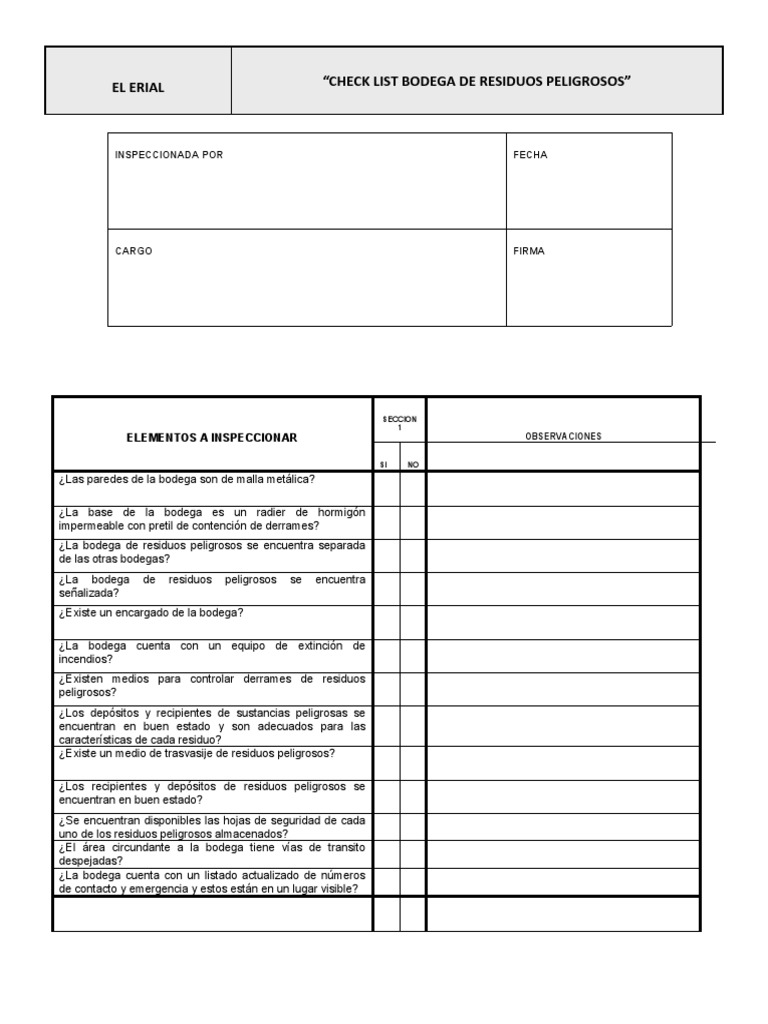 Check List Bodega de Residuos Peligrosos | PDF