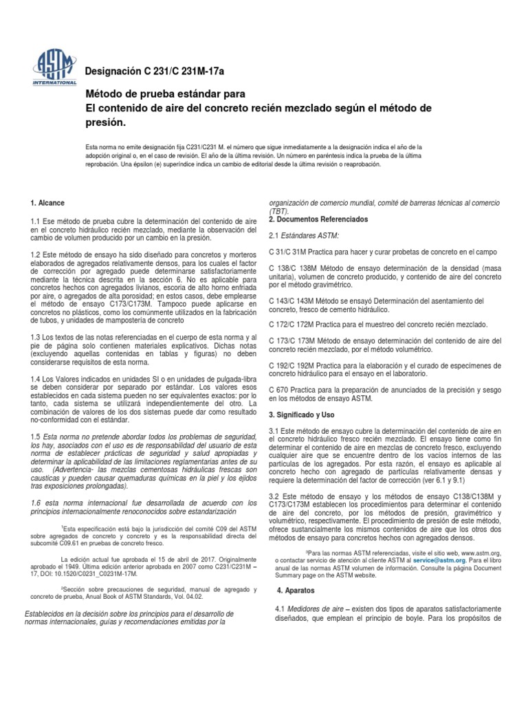 ASTM C231 - 17a | PDF | Hormigón | Presión
