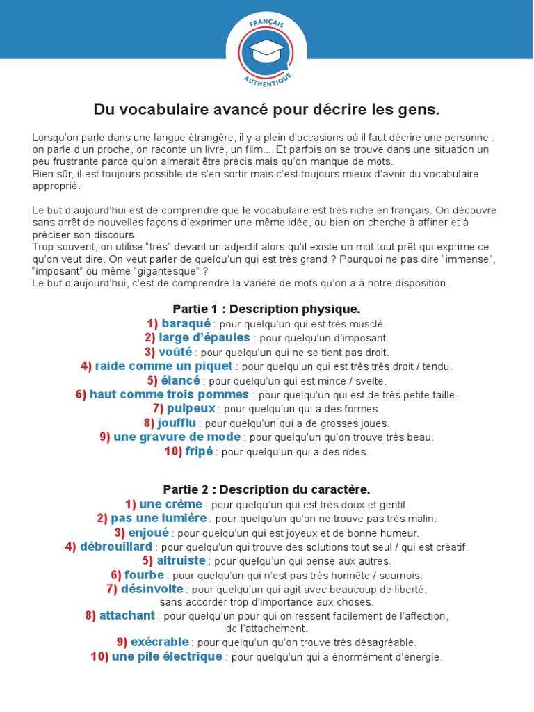 Vocabulaire avancé pour décrire les gens | PDF | Lexique