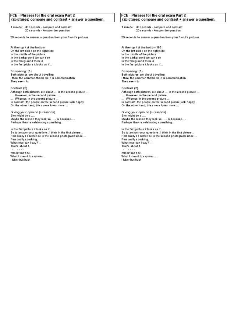 FCE Oral Exam Phrases Compare Contrast Pictures | PDF