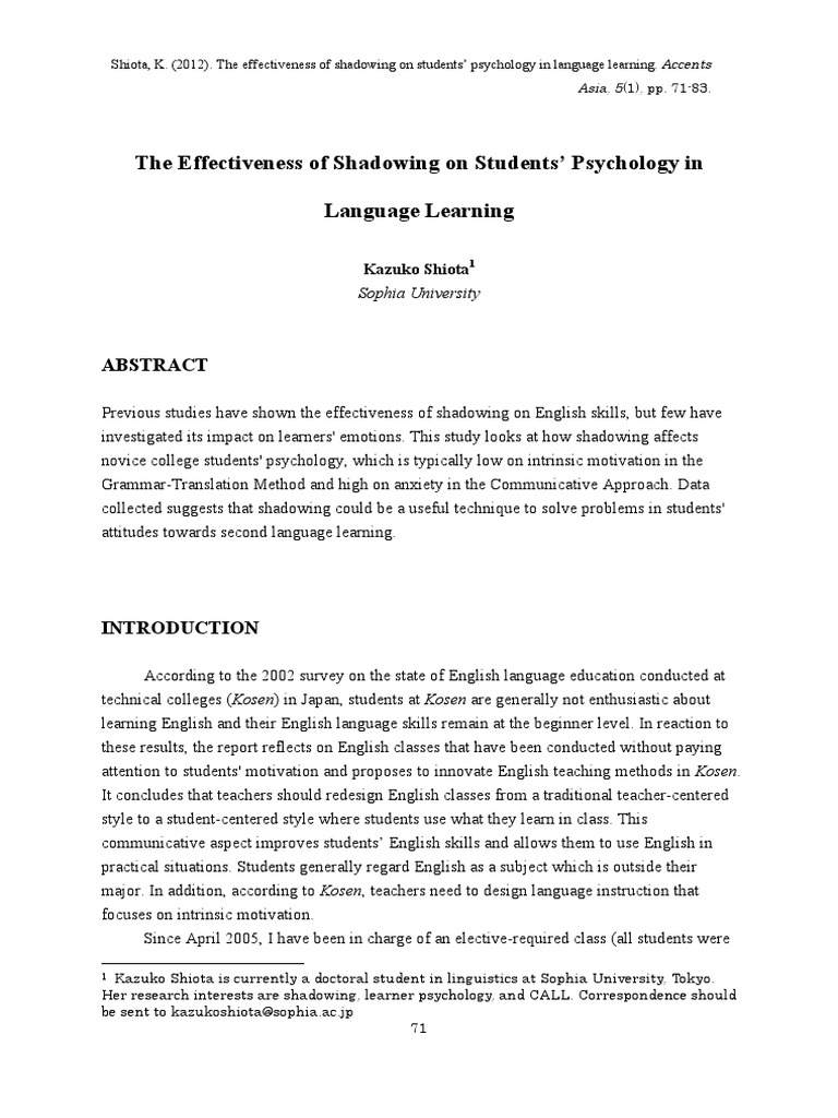 The Effectiveness of Shadowing On Students' Psychology Shiota | PDF ...