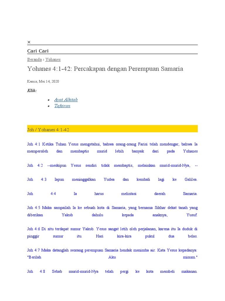 Perikop Alkitab: Yohanes 4:1-42: Percakapan Dengan Perempuan Samaria | PDF