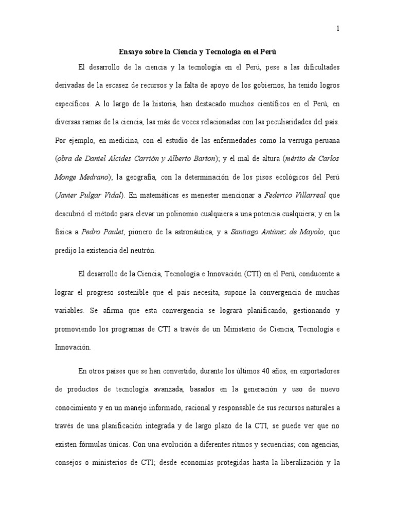 Ensayo Sobre La Ciencia y Tecnología en El Perú | PDF | Perú | Innovación
