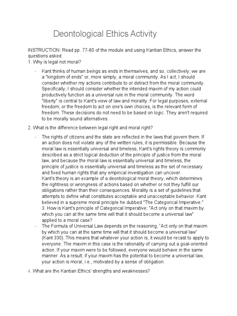 Deontological Ethics Activity | PDF | Morality | Immanuel Kant