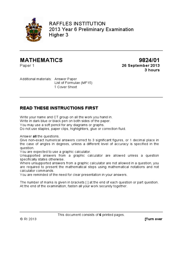 2013 RI(Yr6) H3 Math Prelim (Questions) | PDF | Mathematical Objects ...