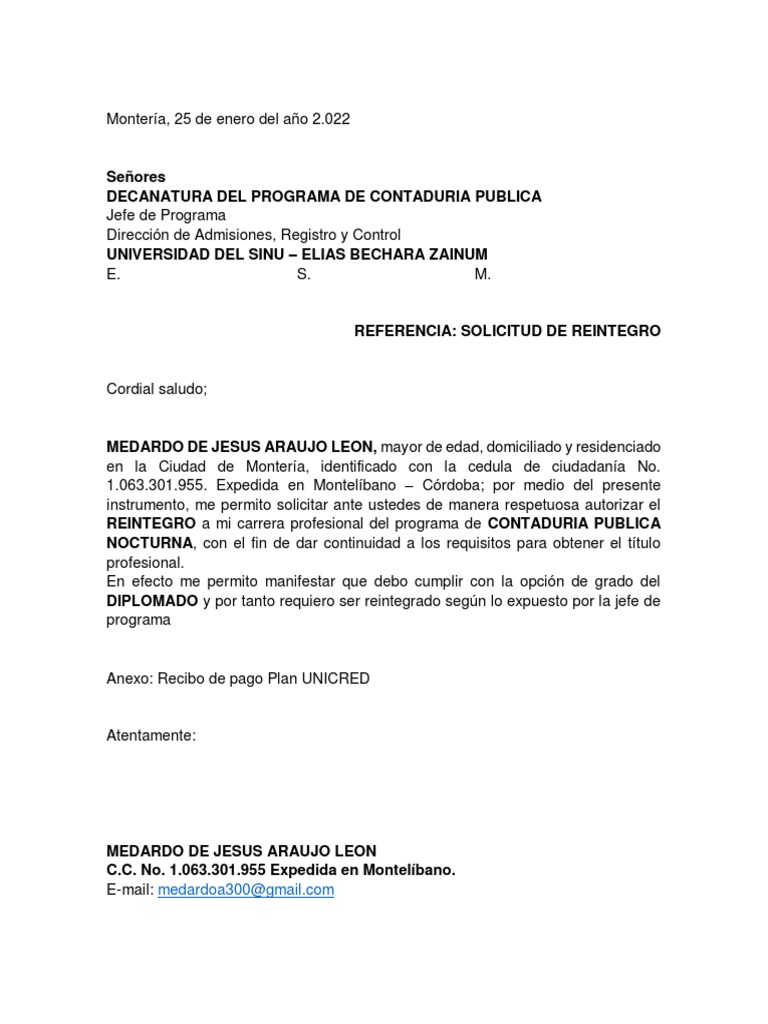 Carta de Reintegro Medardo Araujo | PDF