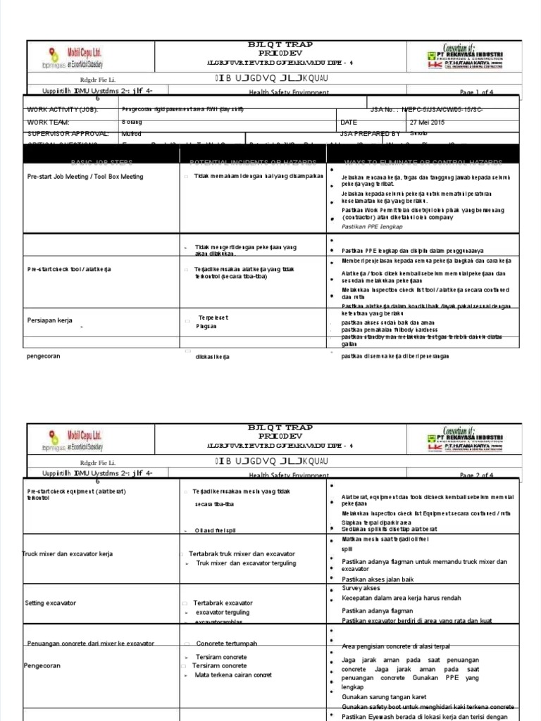 PDF Jsa Pengecoran Rigid Pavement Area Rwi Day Shift | PDF