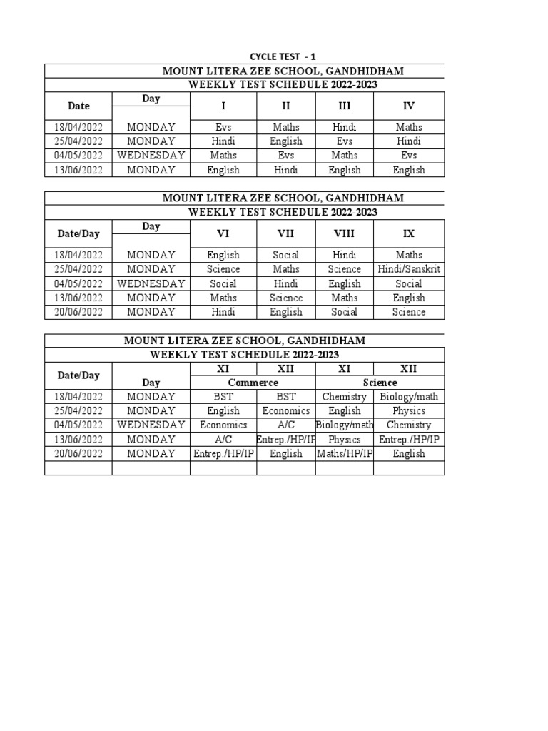 Weekly Test Schedule Pdf