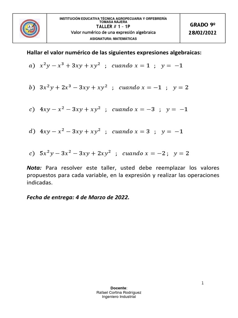 Taller # 1 - 1P Valor Numérico de Una Expresión Algebraica - G9 | PDF