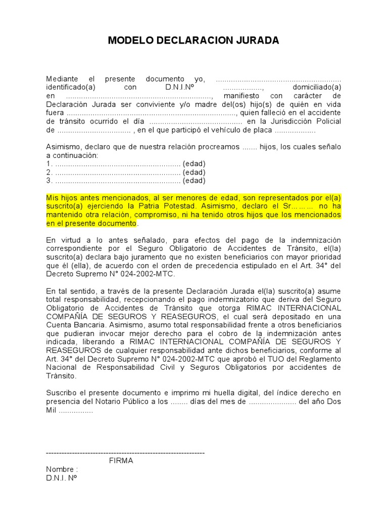 Modelo de Declaración Jurada de Hijos | PDF | Reaseguro | Seguro