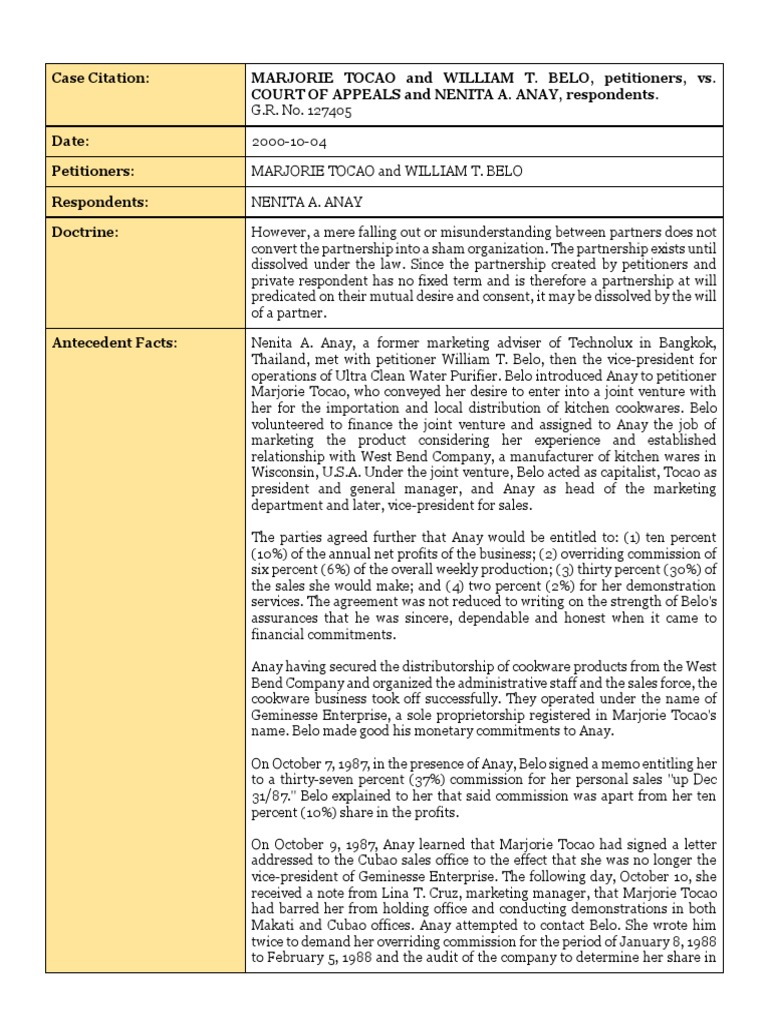 Tocao, Et. Al vs. CA, 342 SCRA 20 | PDF | Partnership | Complaint