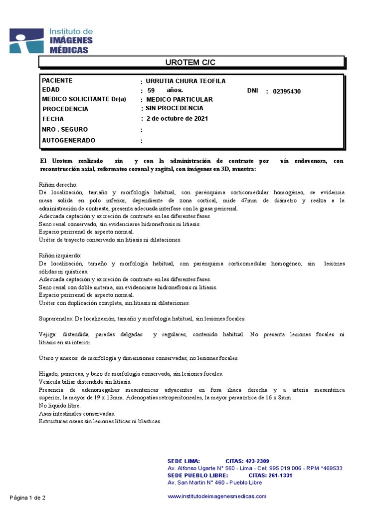 Urotem: Hallazgos Renales y Adenomegalias | PDF | Riñón | Fisiologia Animal