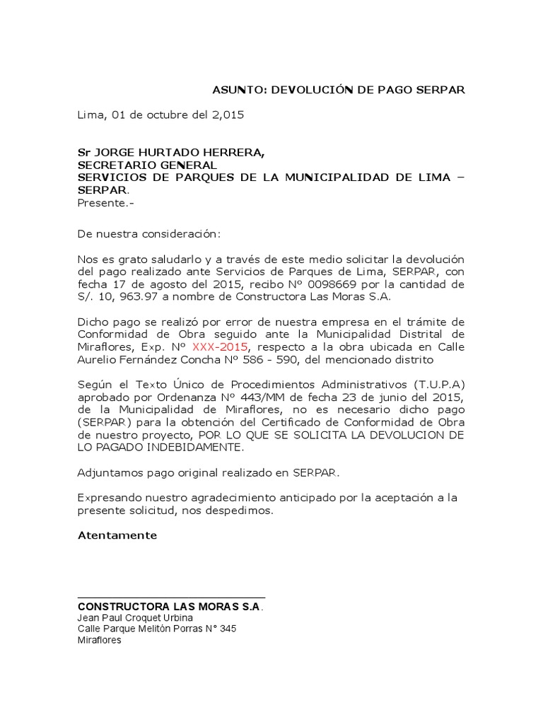 Carta Municipalidad Lima. Solicitud Devolución | PDF