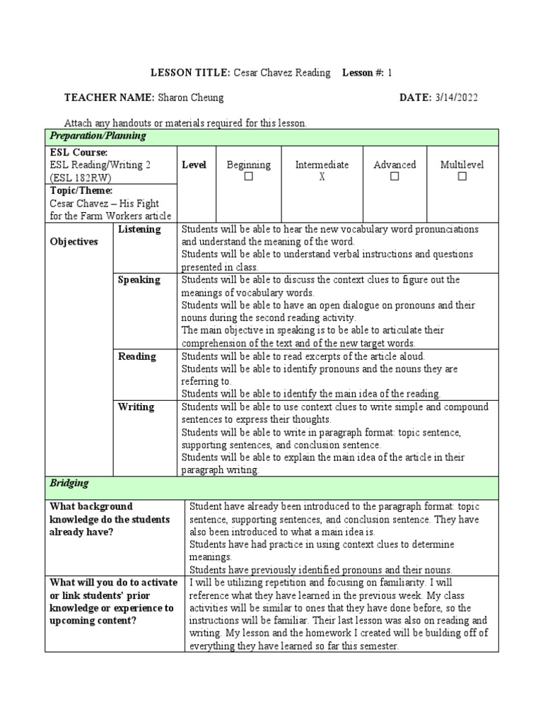 Lesson Plan - Cesar Chavez Reading | PDF | Vocabulary | Mentorship