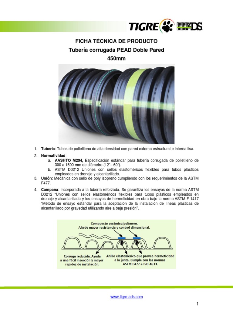 Ficha Técnica de Producto Tubería Corrugada PEAD Doble Pared 450mm ...