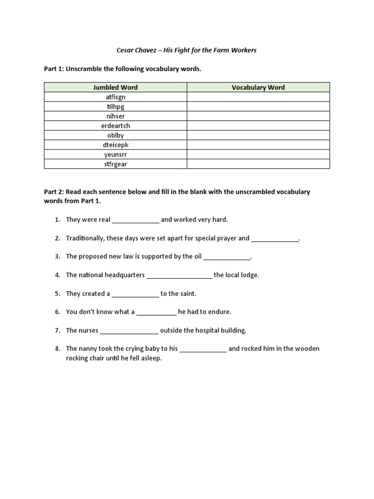 Cesar Chavez Vocabulary - Unscramble Fill in The Gap | PDF | Language ...