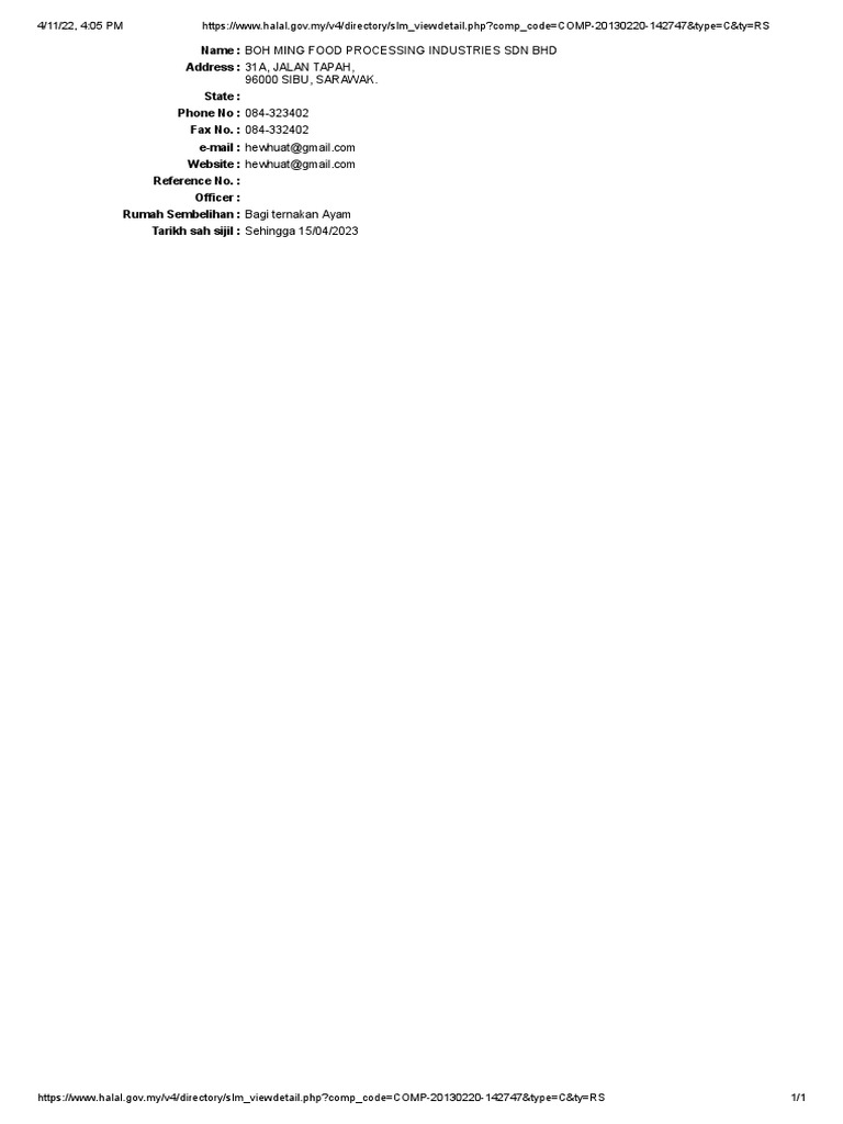 Boh Ming Food Processing Details | PDF
