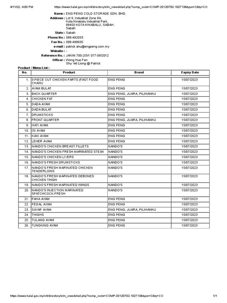 Product and Brand Listing for ENG PENG COLD STORAGE SDN. BHD.: A ...