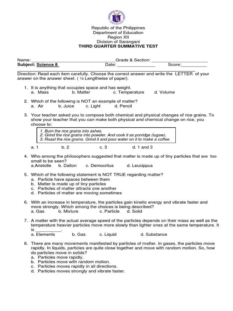 Grade 8 Science Summative Test | PDF | Atoms | Proton
