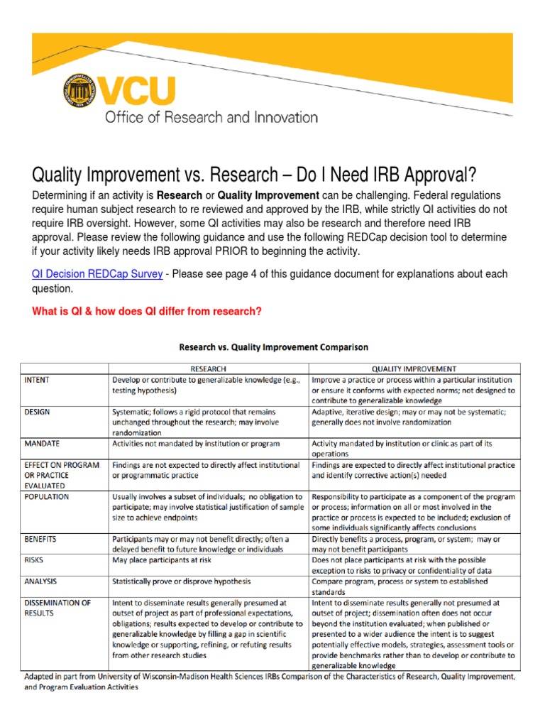 Quality Improvement Vs Research Guide | PDF | Institutional Review ...
