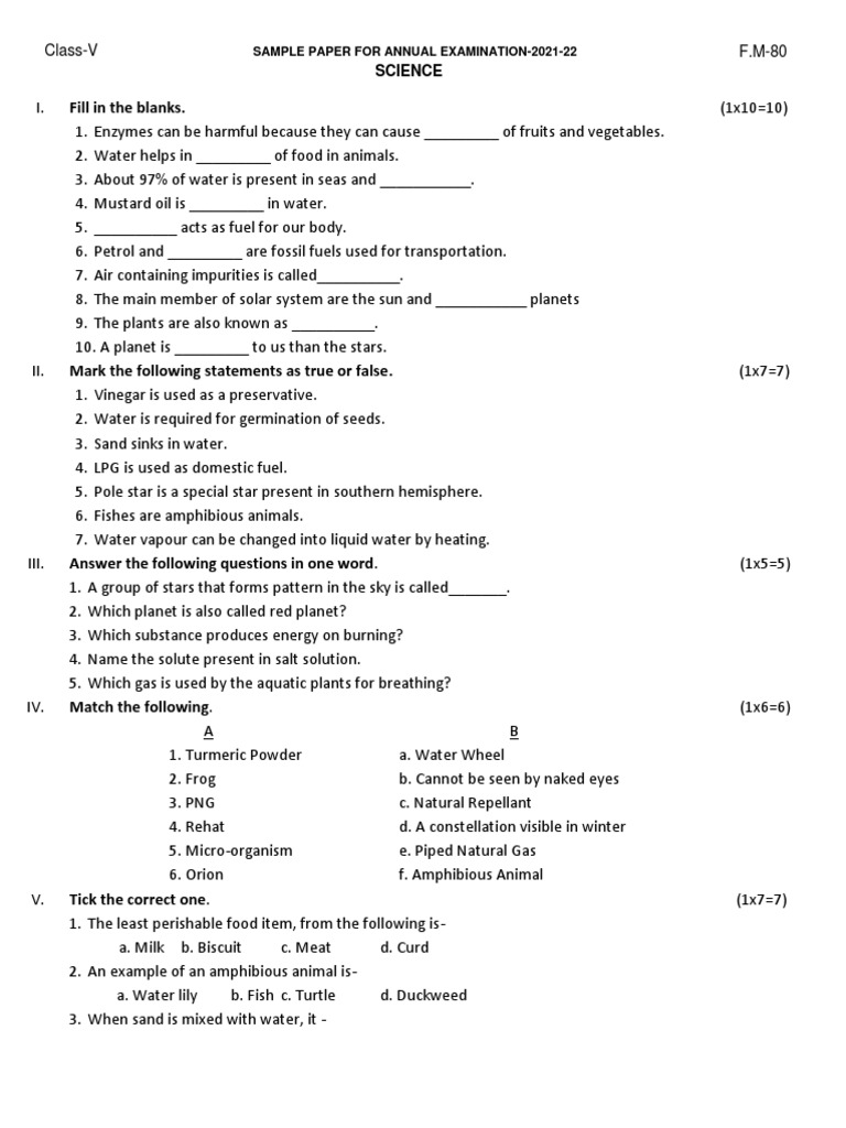 Class 5 Dav Science Sample Paper | PDF | Water | Fuels
