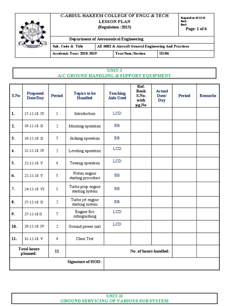 Aircraft General Engineering Lesson Plan | PDF | Aviation ...