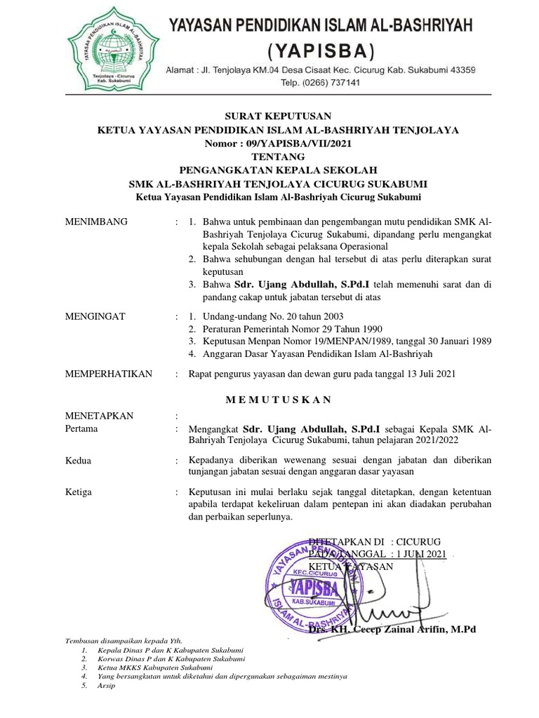 Pengangkatan Kepala SMK Al-Bashriyah | PDF