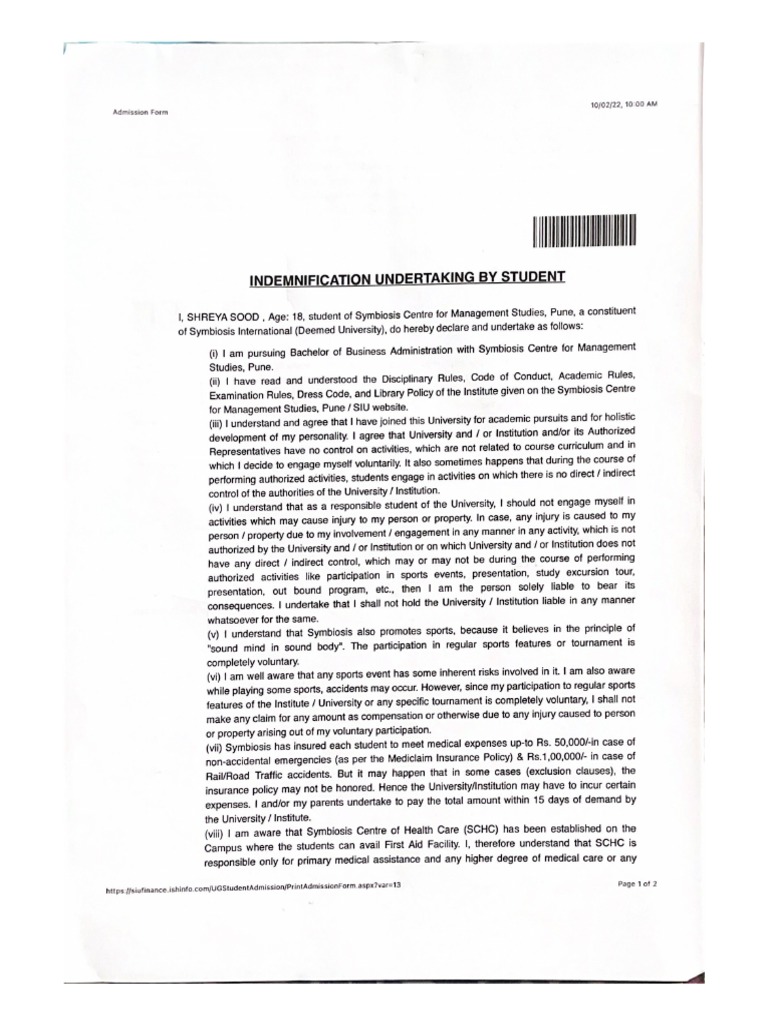 Indemnification Undertaking by Student - 1472 | PDF