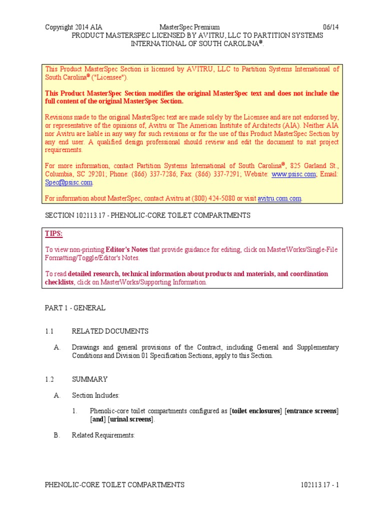 Phenolic Partitions MasterSpec | PDF | Door | Wall