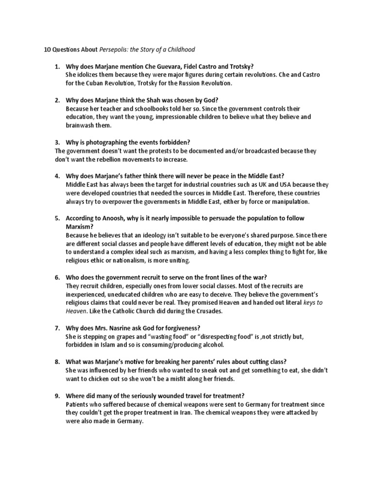 Persepolis Study Questions | PDF | Che Guevara | Fidel Castro