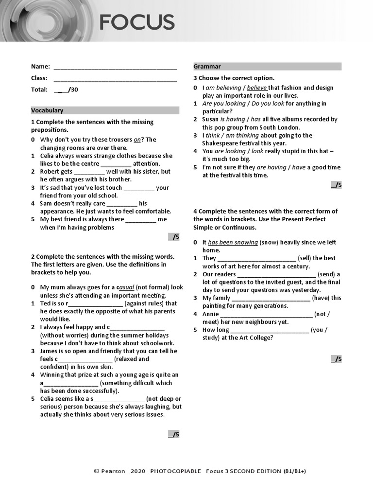 Focus3 2E Unit Test Vocabulary Grammar UoE Unit1 GroupA | PDF