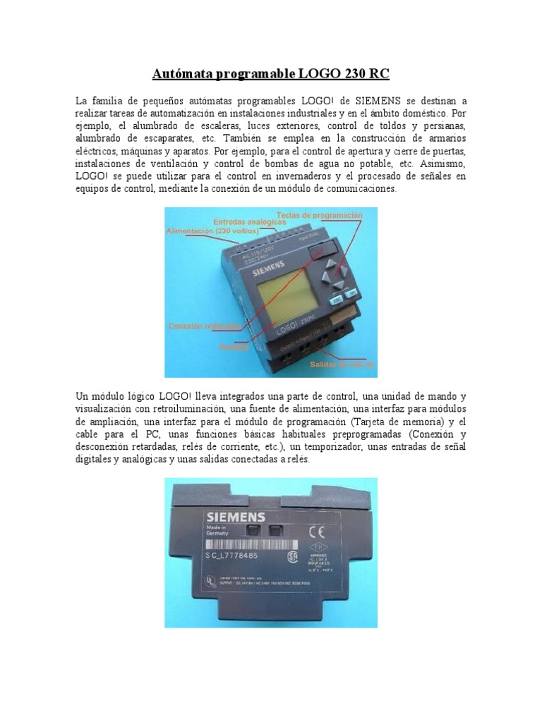 Autómata Programable LOGO 230 RC | PDF | Relé | Automatización