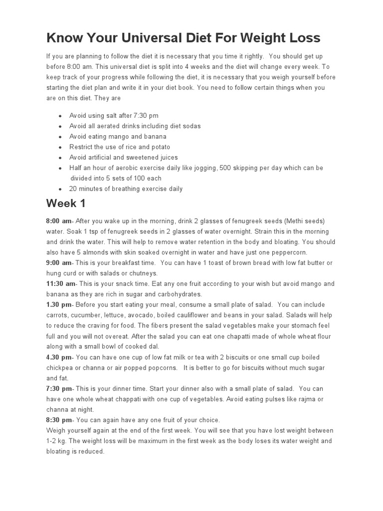 Universal Diet Plan for Weight Loss | PDF | Dieting | Lunch
