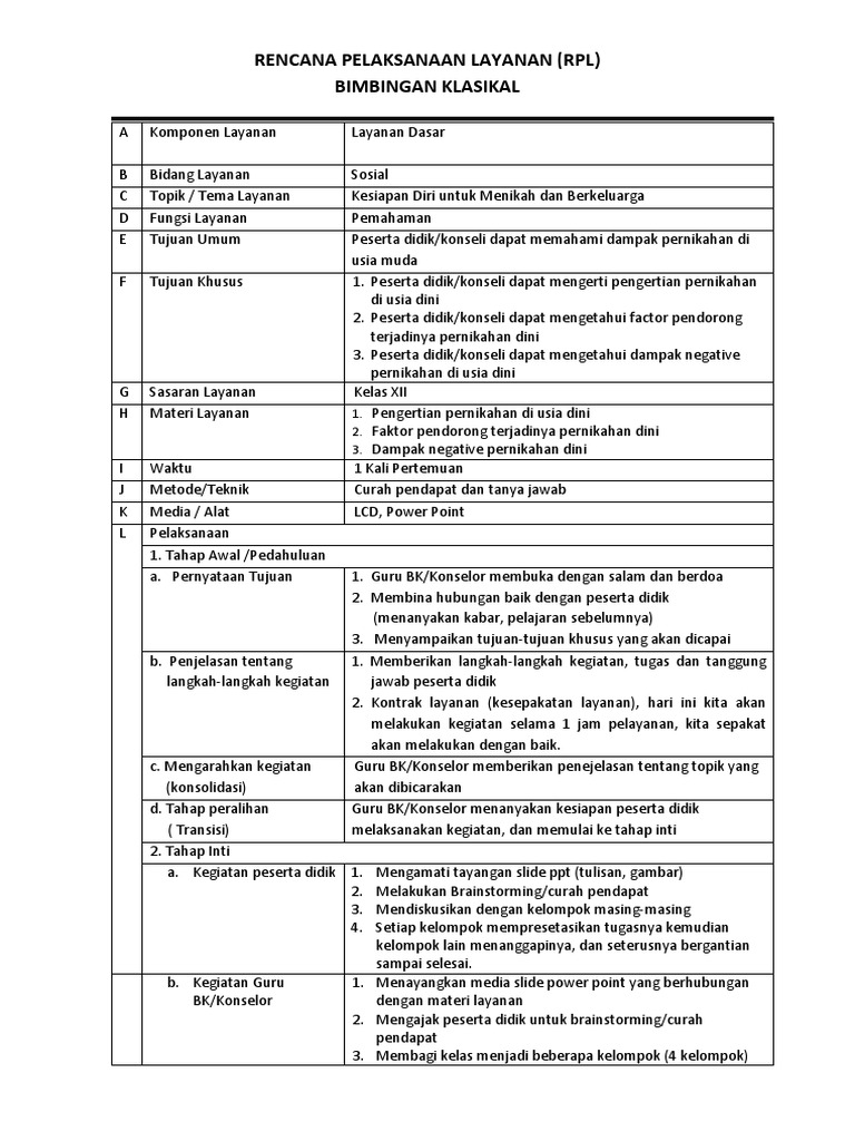 Rencana Pelaksanaan Layanan (RPL) Bimbingan Klasikal | PDF