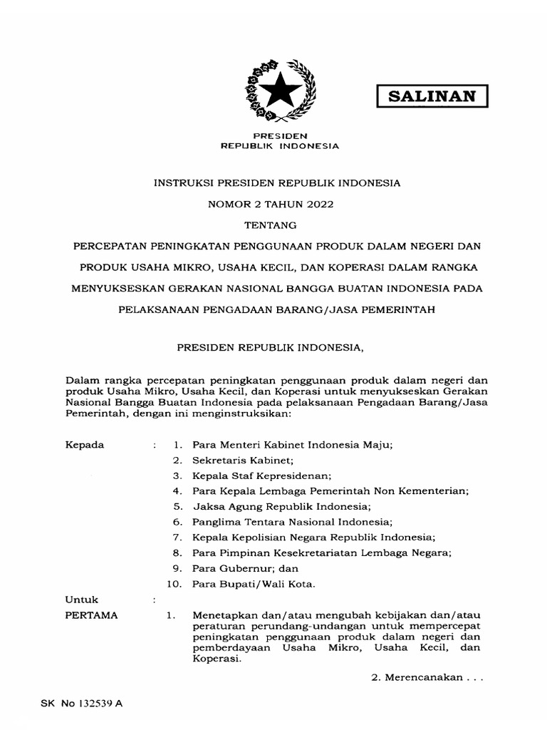 Salinan Inpres Nomor 2 Tahun 2022 | PDF Salinan Inpres Nomor 2 Tahun 2022 | PDF