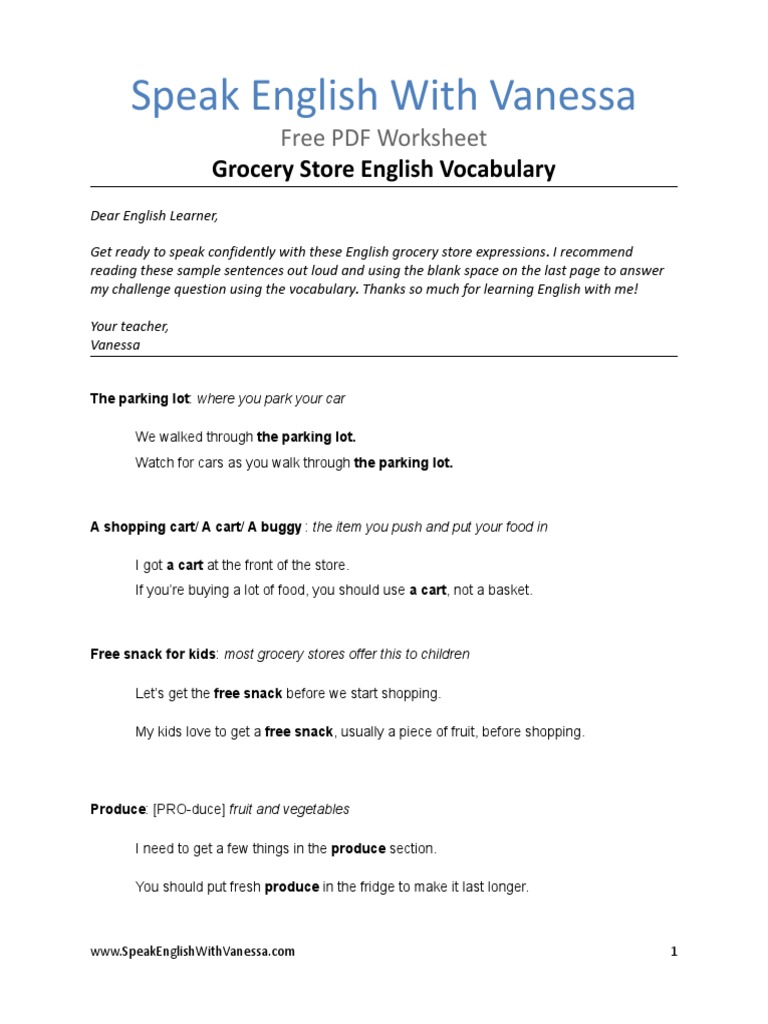 Grocery Store Vocabulary Guide | PDF | Milk | Grocery Store