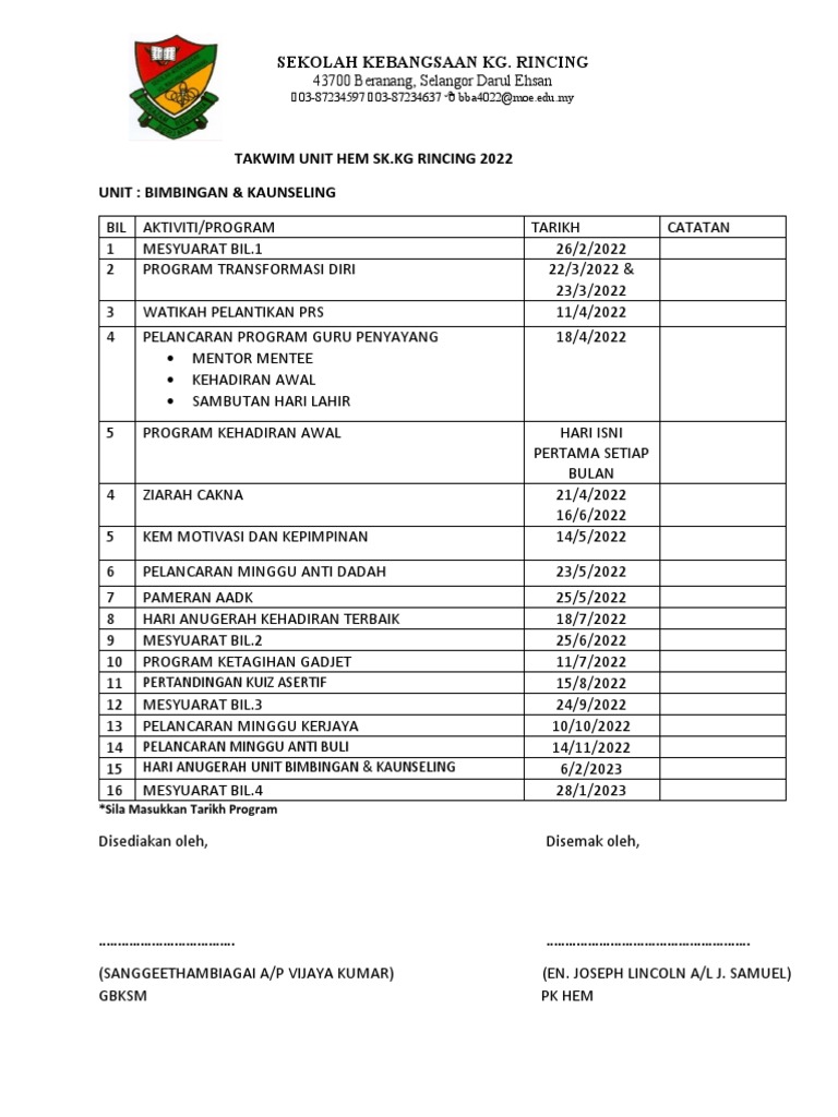 Format Takwim Unit Disiplin & Pengawas 2022 | PDF