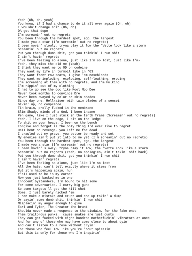 No Regrets Lyrics | PDF